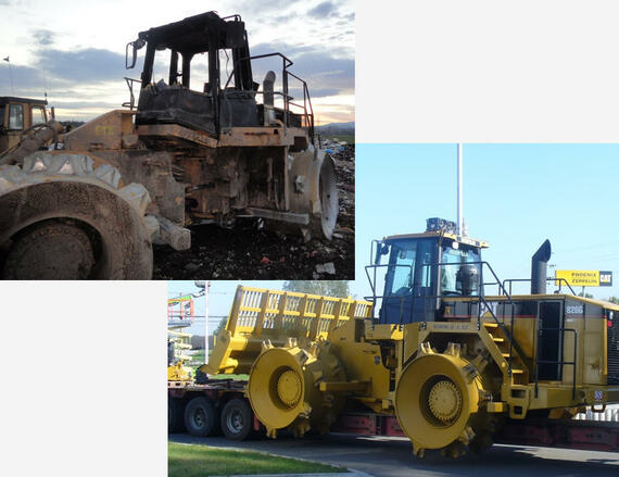 V prosinci shořel, nyní znovu pracuje – skládkový kompaktor Cat 826G II ...